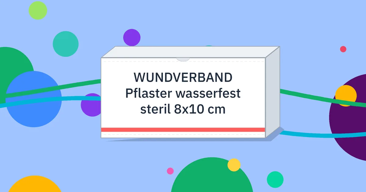 Symbolbild: Packung mit der Aufschrift WUNDVERBAND Pflaster wasserfest steril 8x10 cm (PZN 18663190) – Verfügbarkeit und Bezug in Apotheken in Frankfurt am Main