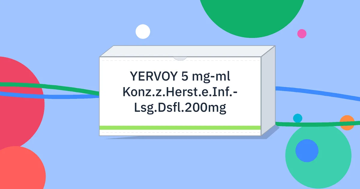 Symbolbild: Packung mit der Aufschrift YERVOY 5 mg-ml Konz.z.Herst.e.Inf.-Lsg.Dsfl.200mg (PZN 08869140) – Verfügbarkeit und Bezug in Apotheken in Frankfurt am Main