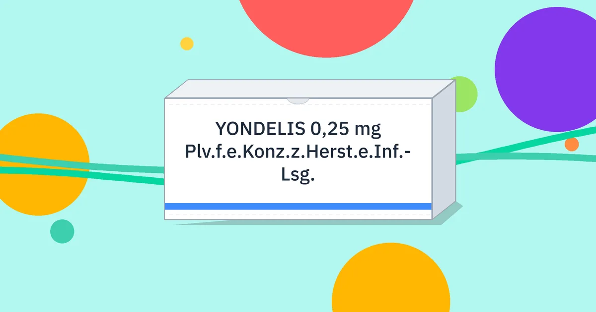 Symbolbild: Packung mit der Aufschrift YONDELIS 0,25 mg Plv.f.e.Konz.z.Herst.e.Inf.-Lsg. (PZN 17969308) – Verfügbarkeit und Bezug in Apotheken in Frankfurt am Main
