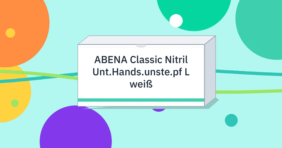 Symbolbild: Packung mit der Aufschrift ABENA Classic Nitril Unt.Hands.unste.pf L weiß (PZN 12519664) – Verfügbarkeit und Bezug in Apotheken in Frankfurt am Main