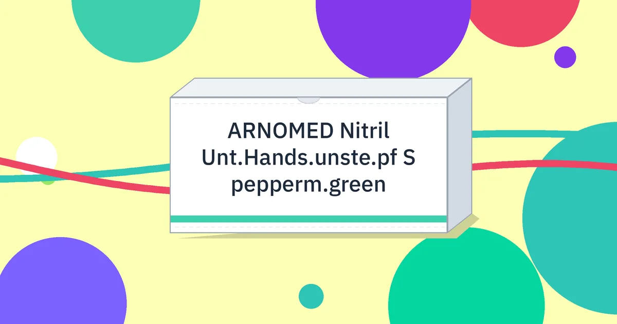 Symbolbild: Packung mit der Aufschrift ARNOMED Nitril Unt.Hands.unste.pf S pepperm.green (PZN 18136935) – Verfügbarkeit und Bezug in Apotheken in Frankfurt am Main