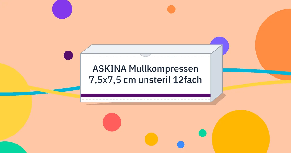 Symbolbild: Packung mit der Aufschrift ASKINA Mullkompressen 7,5x7,5 cm unsteril 12fach (PZN 19523396) – Verfügbarkeit und Bezug in Apotheken in Frankfurt am Main