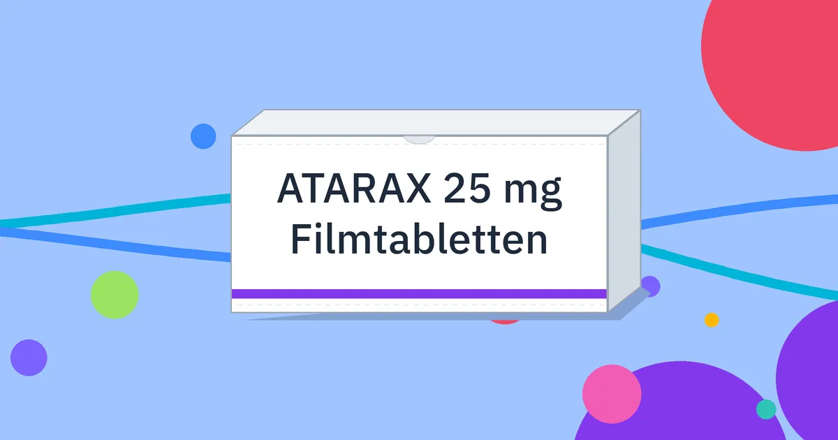 Symbolbild: Packung mit der Aufschrift ATARAX 25 mg Filmtabletten (PZN 14258050) – Verfügbarkeit und Bezug in Apotheken in Frankfurt am Main