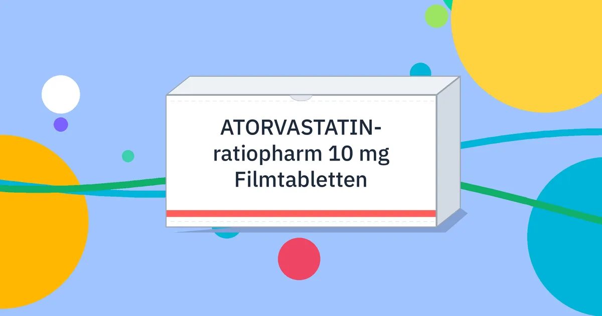 Symbolbild: Packung mit der Aufschrift ATORVASTATIN-ratiopharm 10 mg Filmtabletten (PZN 09292760) – Verfügbarkeit und Bezug in Apotheken in Frankfurt am Main