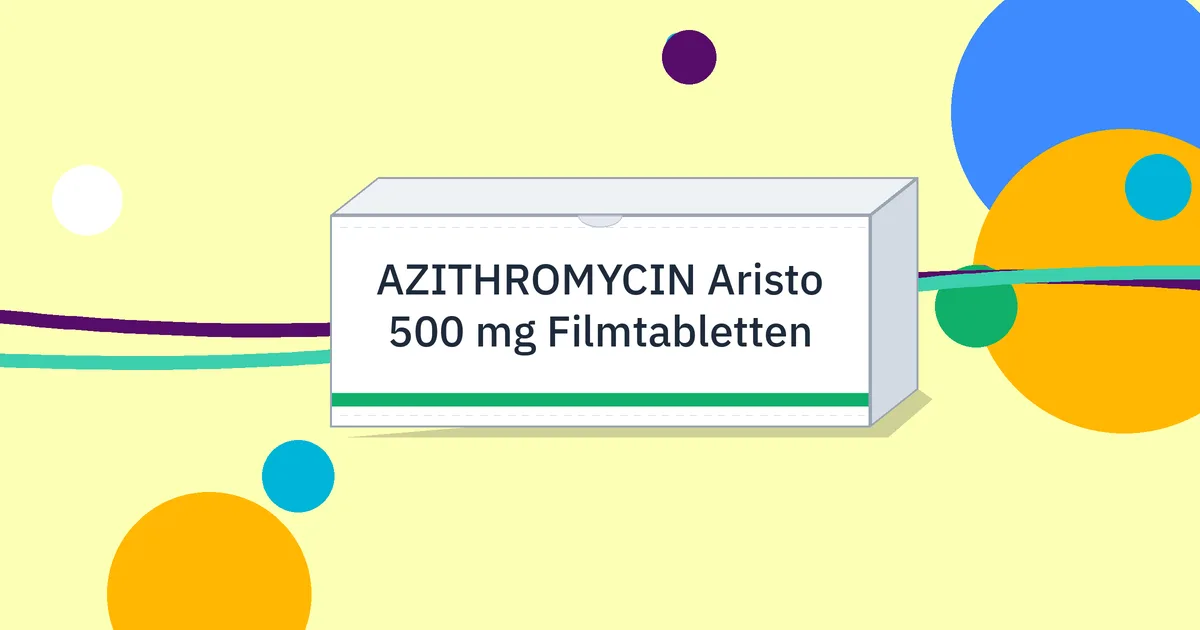 Symbolbild: Packung mit der Aufschrift AZITHROMYCIN Aristo 500 mg Filmtabletten (PZN 01347438) – Verfügbarkeit und Bezug in Apotheken in Frankfurt am Main