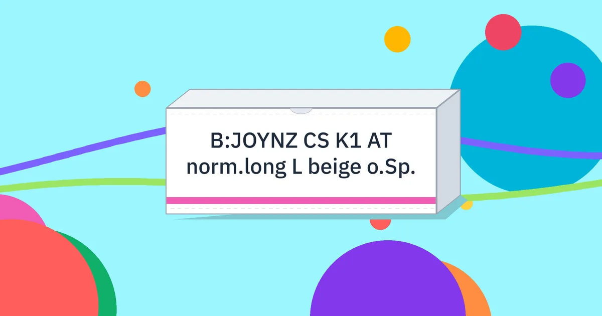 Symbolbild: Packung mit der Aufschrift B:JOYNZ CS K1 AT norm.long L beige o.Sp. (PZN 20537297) – Verfügbarkeit und Bezug in Apotheken in Frankfurt am Main