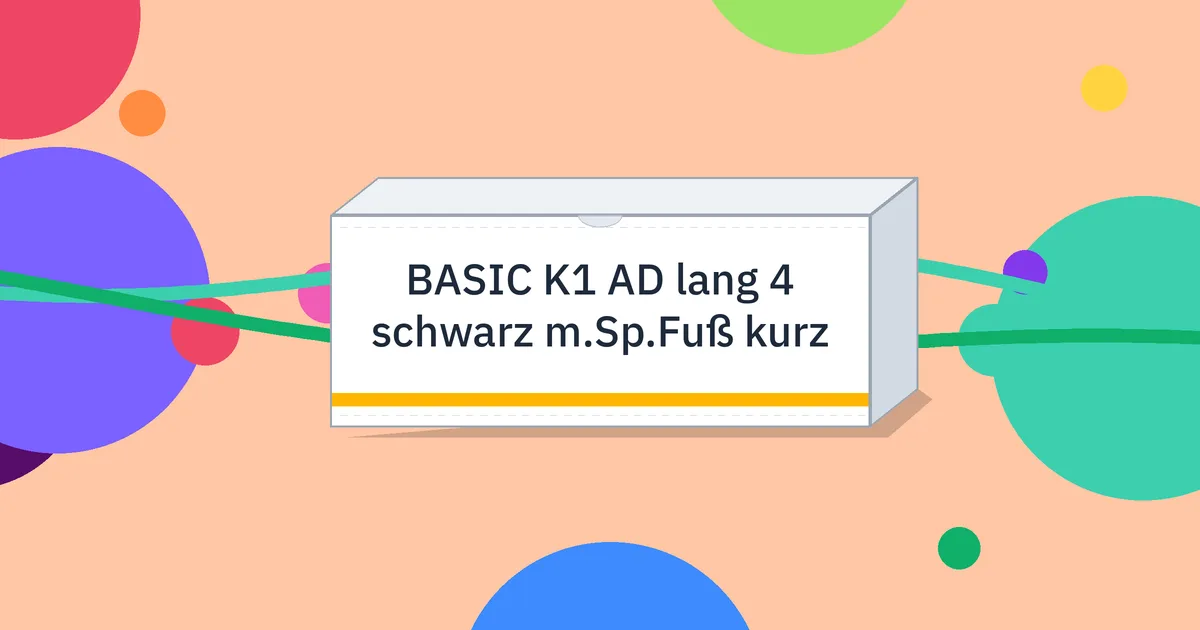 Symbolbild: Packung mit der Aufschrift BASIC K1 AD lang 4 schwarz m.Sp.Fuß kurz (PZN 20258172) – Verfügbarkeit und Bezug in Apotheken in Frankfurt am Main