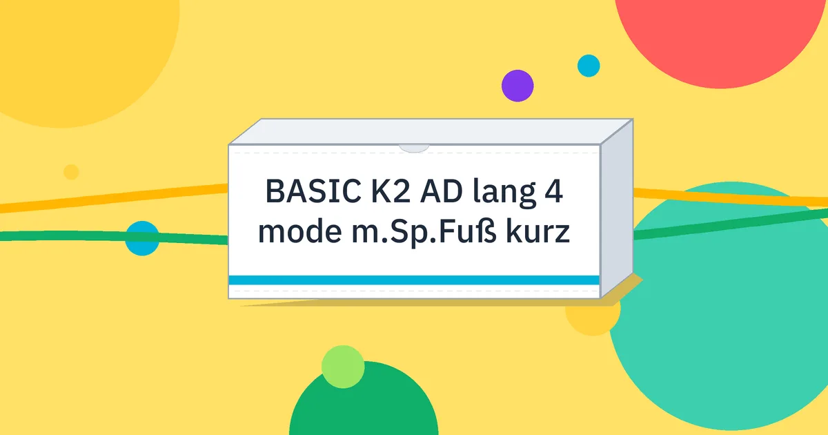 Symbolbild: Packung mit der Aufschrift BASIC K2 AD lang 4 mode m.Sp.Fuß kurz (PZN 20264988) – Verfügbarkeit und Bezug in Apotheken in Frankfurt am Main