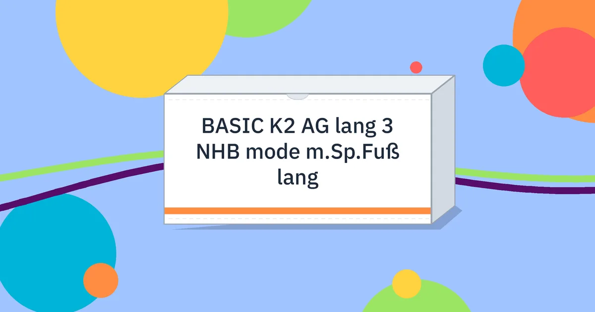 Symbolbild: Packung mit der Aufschrift BASIC K2 AG lang 3 NHB mode m.Sp.Fuß lang (PZN 20267231) – Verfügbarkeit und Bezug in Apotheken in Frankfurt am Main