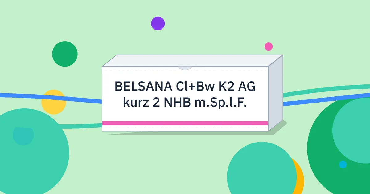 Symbolbild: Packung mit der Aufschrift BELSANA Cl+Bw K2 AG kurz 2 NHB m.Sp.l.F. (PZN 15627041) – Verfügbarkeit und Bezug in Apotheken in Frankfurt am Main