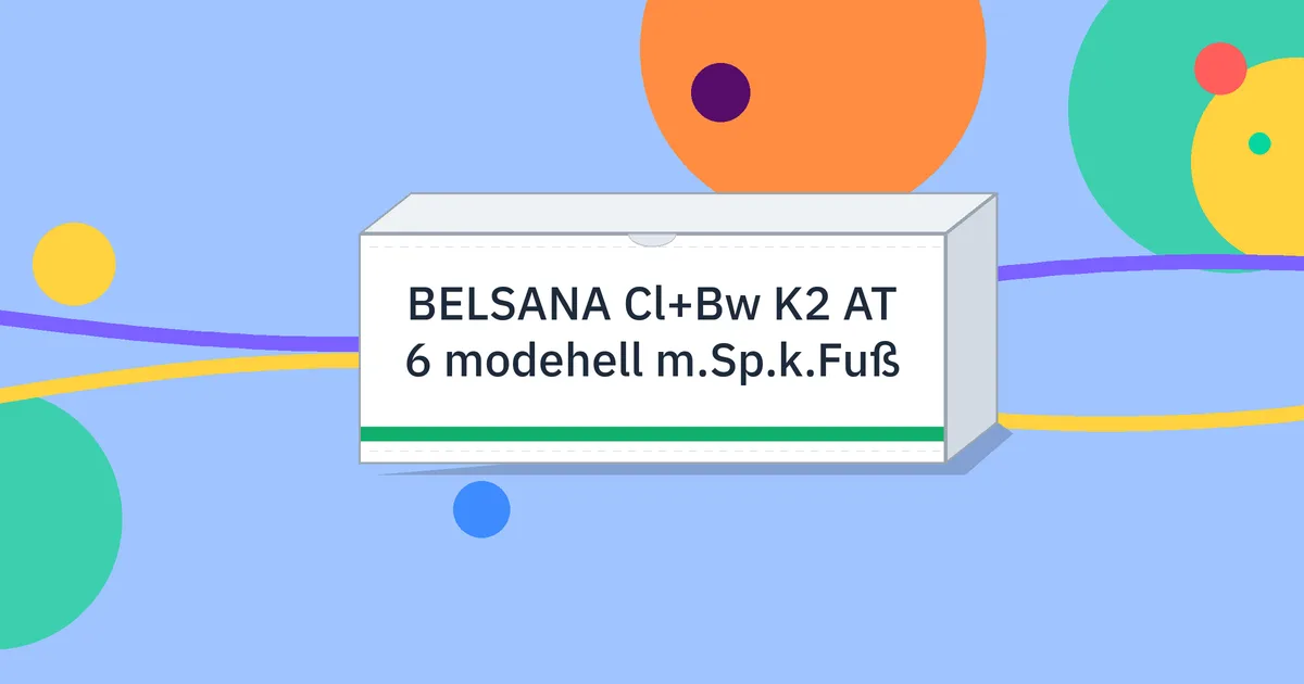 Symbolbild: Packung mit der Aufschrift BELSANA Cl+Bw K2 AT 6 modehell m.Sp.k.Fuß (PZN 12253568) – Verfügbarkeit und Bezug in Apotheken in Frankfurt am Main