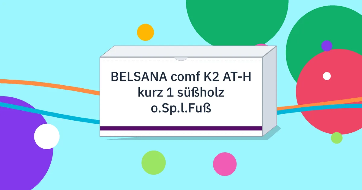 Symbolbild: Packung mit der Aufschrift BELSANA comf K2 AT-H kurz 1 süßholz o.Sp.l.Fuß (PZN 12328102) – Verfügbarkeit und Bezug in Apotheken in Frankfurt am Main