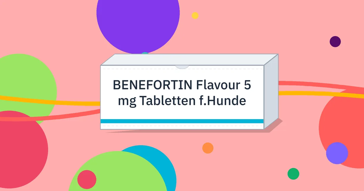 Symbolbild: Packung mit der Aufschrift BENEFORTIN Flavour 5 mg Tabletten f.Hunde (PZN 09631848) – Verfügbarkeit und Bezug in Apotheken in Frankfurt am Main