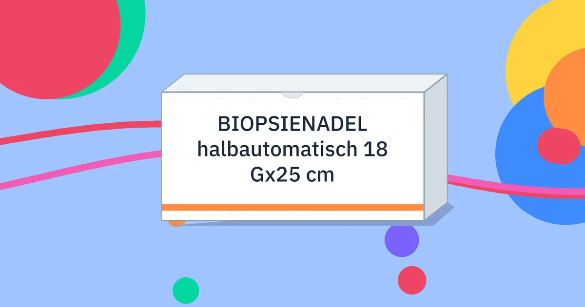 Symbolbild: Packung mit der Aufschrift BIOPSIENADEL halbautomatisch 18 Gx25 cm (PZN 19530054) – Verfügbarkeit und Bezug in Apotheken in Frankfurt am Main