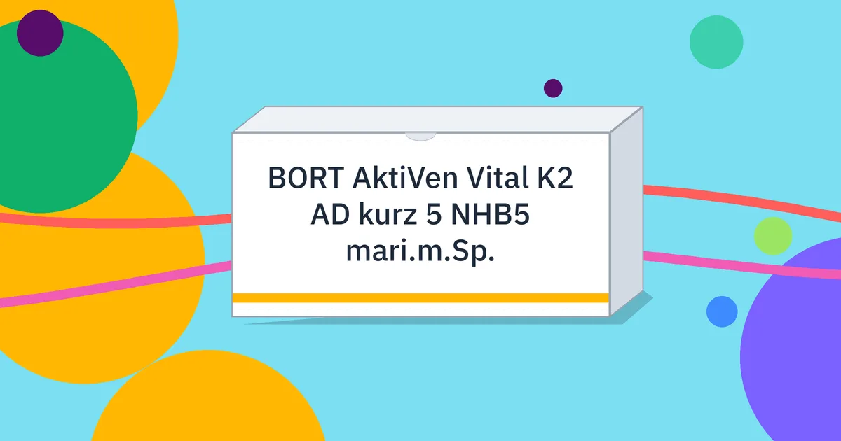 Symbolbild: Packung mit der Aufschrift BORT AktiVen Vital K2 AD kurz 5 NHB5 mari.m.Sp. (PZN 17494756) – Verfügbarkeit und Bezug in Apotheken in Frankfurt am Main