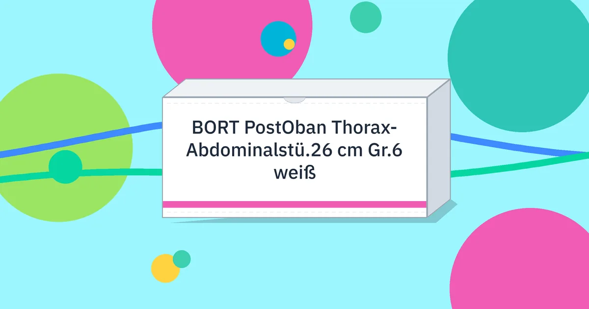 Symbolbild: Packung mit der Aufschrift BORT PostOban Thorax-Abdominalstü.26 cm Gr.6 weiß (PZN 02773574) – Verfügbarkeit und Bezug in Apotheken in Frankfurt am Main