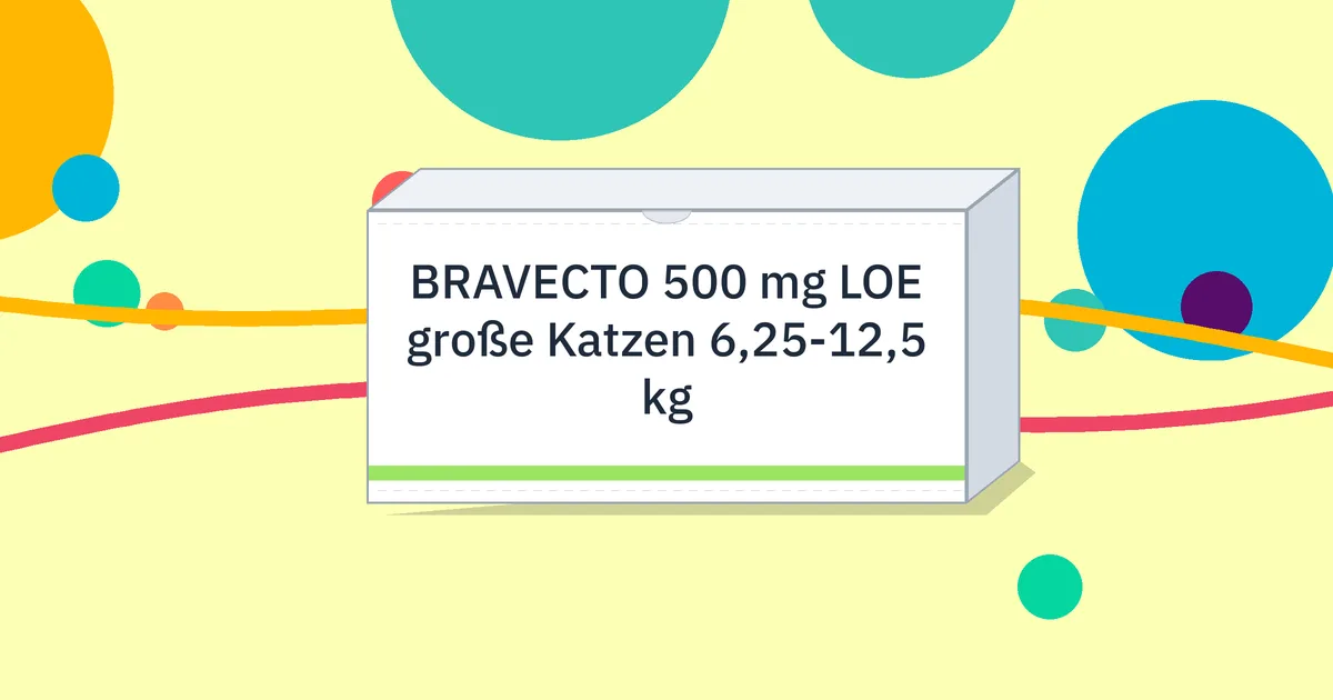 Symbolbild: Packung mit der Aufschrift BRAVECTO 500 mg LOE große Katzen 6,25-12,5 kg (PZN 12395216) – Verfügbarkeit und Bezug in Apotheken in Frankfurt am Main
