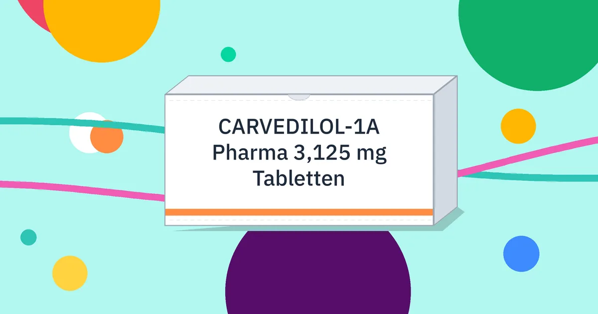 Symbolbild: Packung mit der Aufschrift CARVEDILOL-1A Pharma 3,125 mg Tabletten (PZN 00818982) – Verfügbarkeit und Bezug in Apotheken in Frankfurt am Main