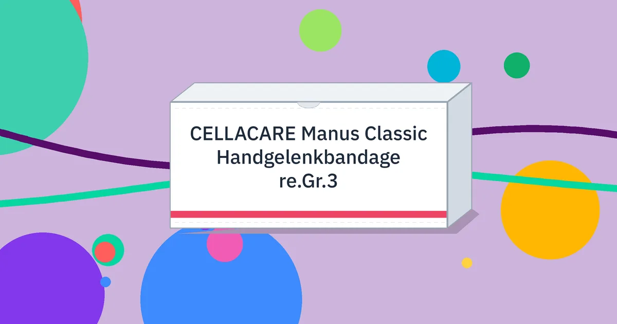 Symbolbild: Packung mit der Aufschrift CELLACARE Manus Classic Handgelenkbandage re.Gr.3 (PZN 12647758) – Verfügbarkeit und Bezug in Apotheken in Frankfurt am Main