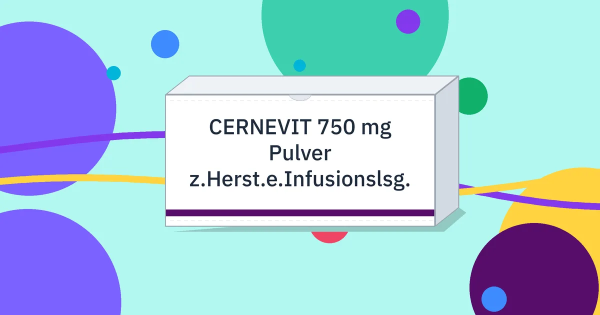 Symbolbild: Packung mit der Aufschrift CERNEVIT 750 mg Pulver z.Herst.e.Infusionslsg. (PZN 01959443) – Verfügbarkeit und Bezug in Apotheken in Frankfurt am Main