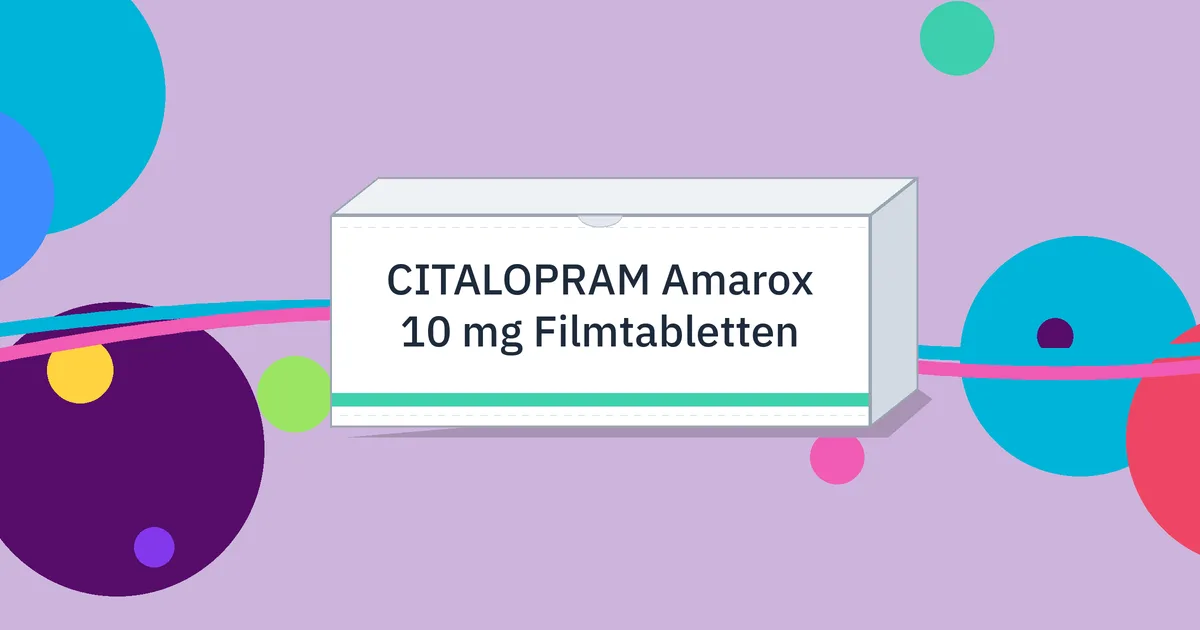 Symbolbild: Packung mit der Aufschrift CITALOPRAM Amarox 10 mg Filmtabletten (PZN 17907431) – Verfügbarkeit und Bezug in Apotheken in Frankfurt am Main