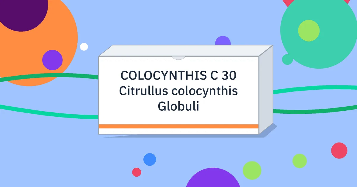 Symbolbild: Packung mit der Aufschrift COLOCYNTHIS C 30 Citrullus colocynthis Globuli (PZN 17298802) – Verfügbarkeit und Bezug in Apotheken in Frankfurt am Main
