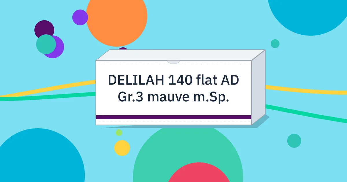 Symbolbild: Packung mit der Aufschrift DELILAH 140 flat AD Gr.3 mauve m.Sp. (PZN 14246992) – Verfügbarkeit und Bezug in Apotheken in Frankfurt am Main