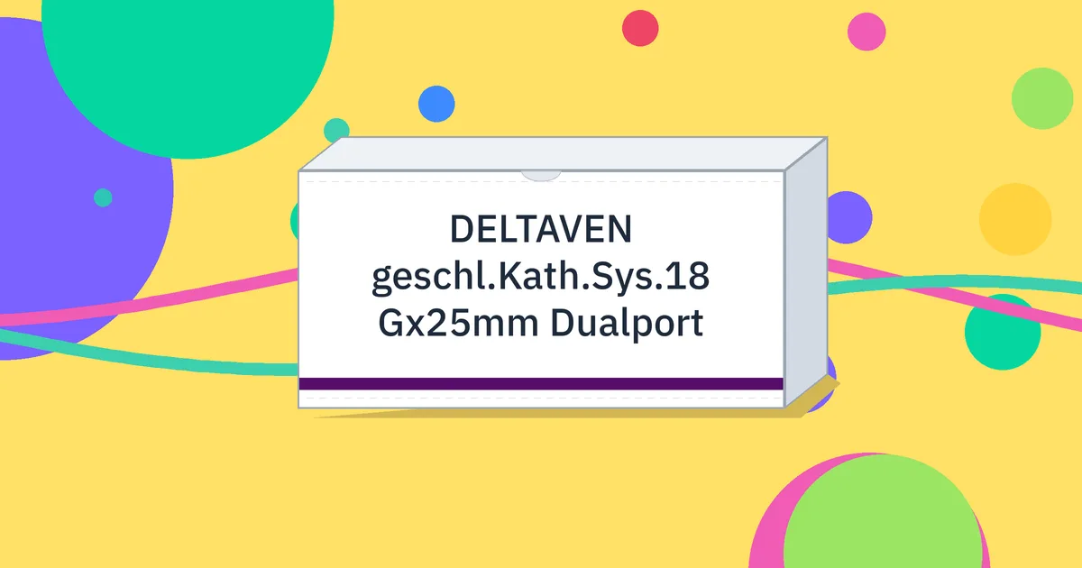 Symbolbild: Packung mit der Aufschrift DELTAVEN geschl.Kath.Sys.18 Gx25mm Dualport (PZN 13977096) – Verfügbarkeit und Bezug in Apotheken in Frankfurt am Main