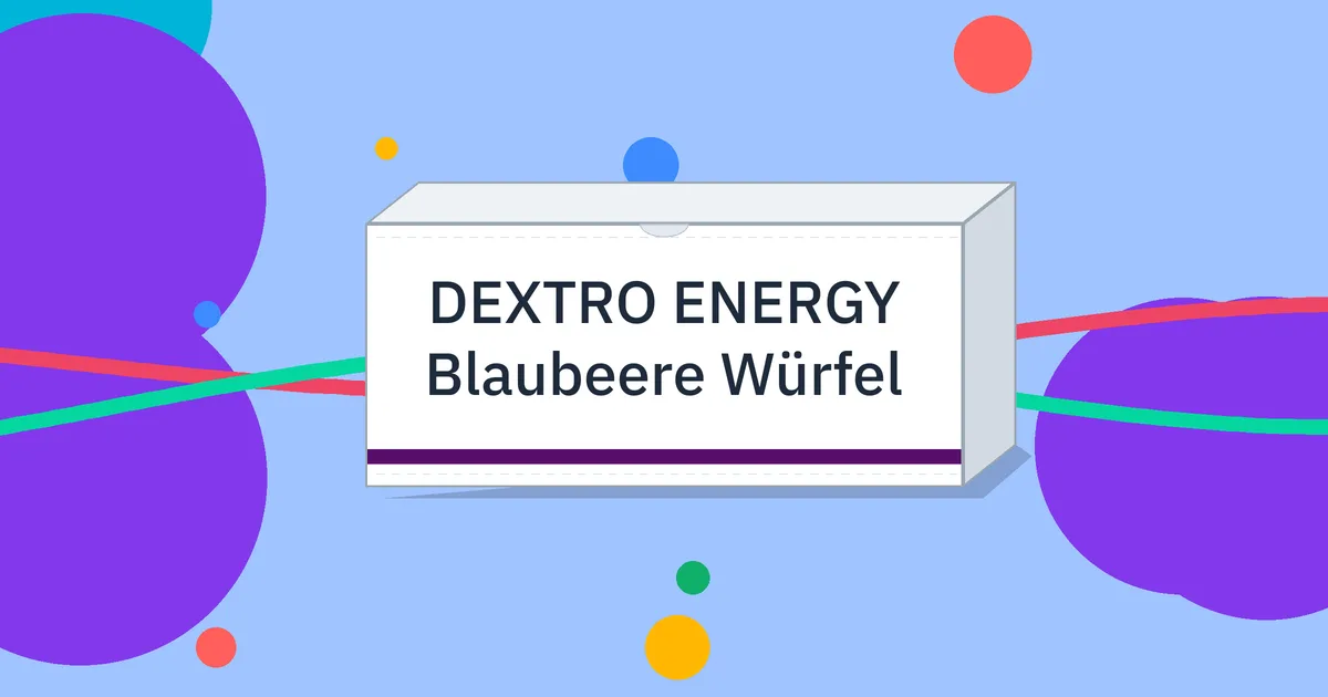 Symbolbild: Packung mit der Aufschrift DEXTRO ENERGY Blaubeere Würfel (PZN 17281753) – Verfügbarkeit und Bezug in Apotheken in Frankfurt am Main