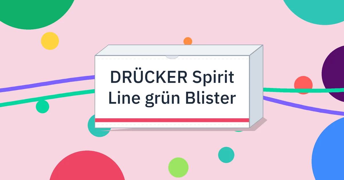 Symbolbild: Packung mit der Aufschrift DRÜCKER Spirit Line grün Blister (PZN 01589213) – Verfügbarkeit und Bezug in Apotheken in Frankfurt am Main