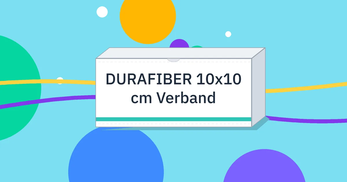 Symbolbild: Packung mit der Aufschrift DURAFIBER 10x10 cm Verband (PZN 10284151) – Verfügbarkeit und Bezug in Apotheken in Frankfurt am Main