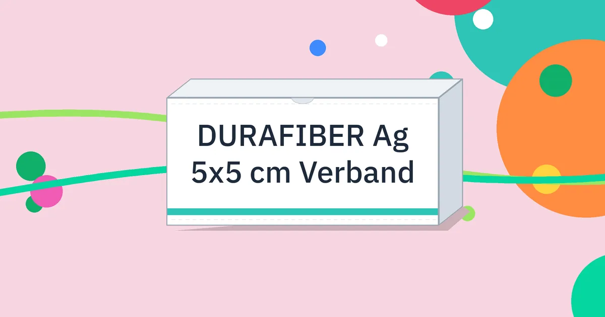 Symbolbild: Packung mit der Aufschrift DURAFIBER Ag 5x5 cm Verband (PZN 03426159) – Verfügbarkeit und Bezug in Apotheken in Frankfurt am Main
