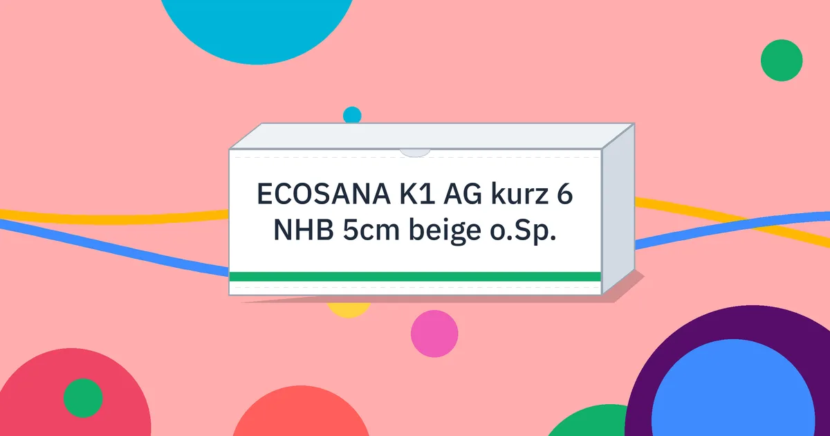 Symbolbild: Packung mit der Aufschrift ECOSANA K1 AG kurz 6 NHB 5cm beige o.Sp. (PZN 04729850) – Verfügbarkeit und Bezug in Apotheken in Frankfurt am Main