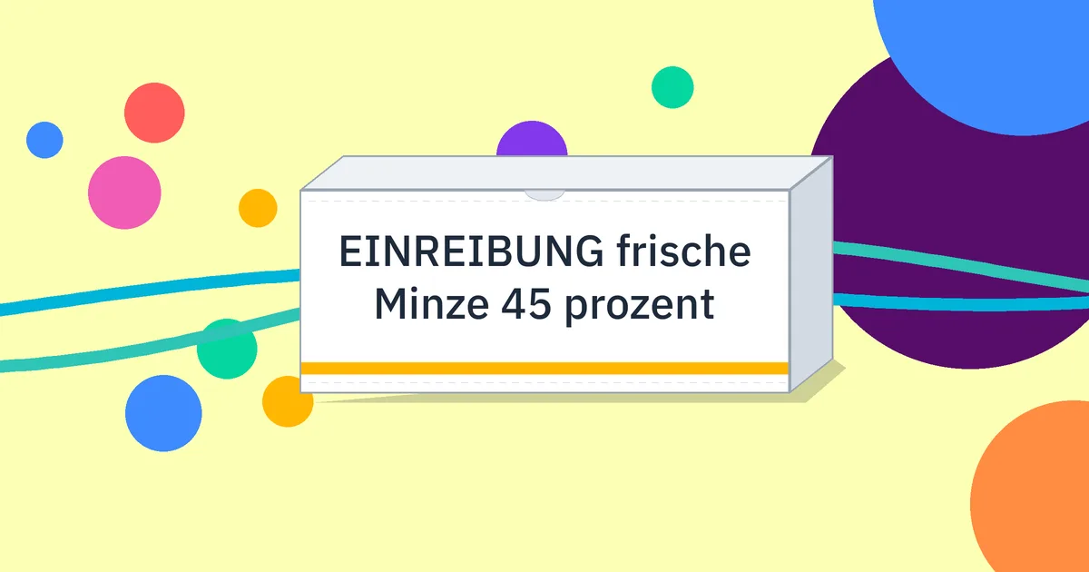 Symbolbild: Packung mit der Aufschrift EINREIBUNG frische Minze 45 prozent (PZN 13650538) – Verfügbarkeit und Bezug in Apotheken in Frankfurt am Main