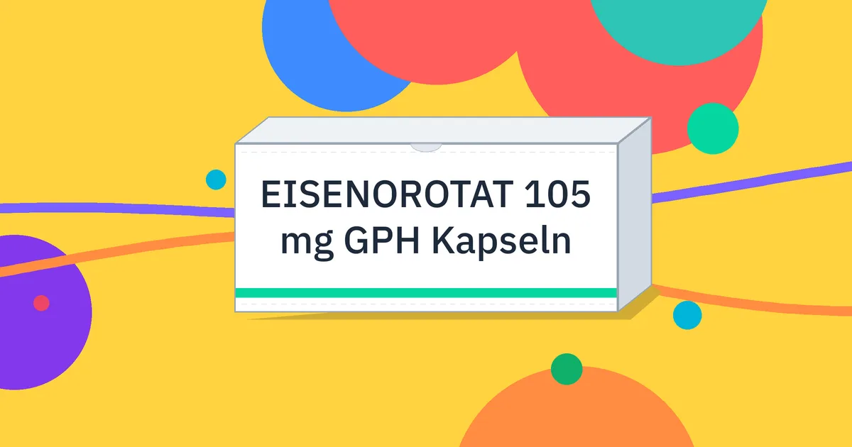 Symbolbild: Packung mit der Aufschrift EISENOROTAT 105 mg GPH Kapseln (PZN 16935508) – Verfügbarkeit und Bezug in Apotheken in Frankfurt am Main