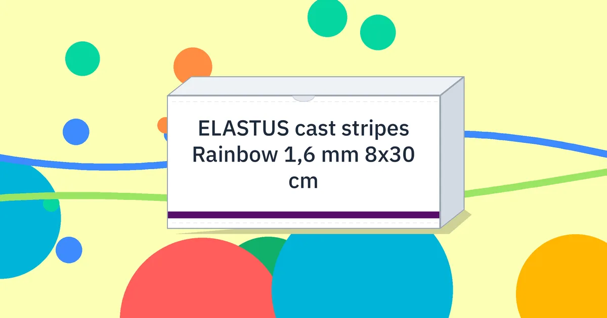 Symbolbild: Packung mit der Aufschrift ELASTUS cast stripes Rainbow 1,6 mm 8x30 cm (PZN 18813749) – Verfügbarkeit und Bezug in Apotheken in Frankfurt am Main