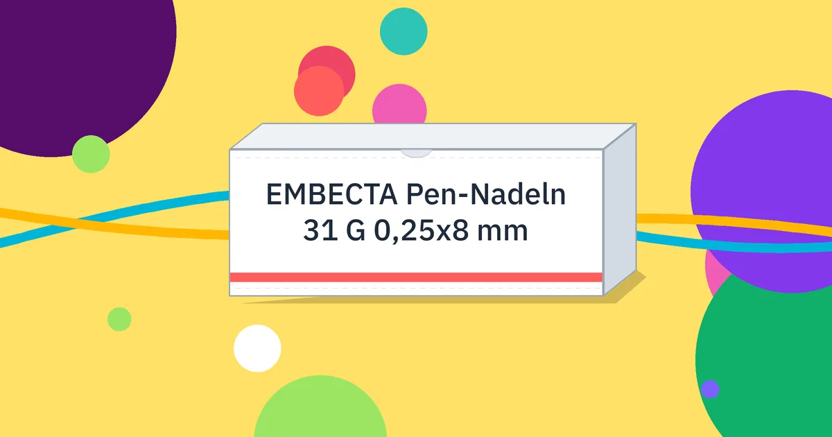Symbolbild: Packung mit der Aufschrift EMBECTA Pen-Nadeln 31 G 0,25x8 mm (PZN 20808276) – Verfügbarkeit und Bezug in Apotheken in Frankfurt am Main