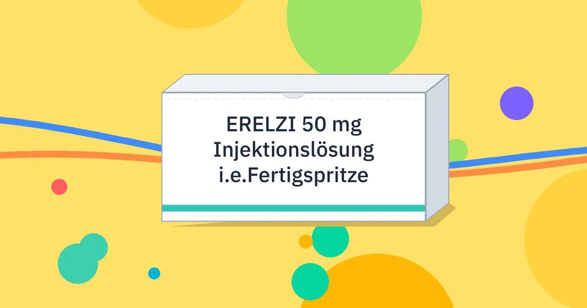 Symbolbild: Packung mit der Aufschrift ERELZI 50 mg Injektionslösung i.e.Fertigspritze (PZN 13600256) – Verfügbarkeit und Bezug in Apotheken in Frankfurt am Main