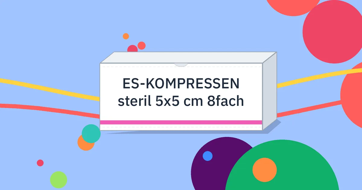 Symbolbild: Packung mit der Aufschrift ES-KOMPRESSEN steril 5x5 cm 8fach (PZN 01407057) – Verfügbarkeit und Bezug in Apotheken in Frankfurt am Main