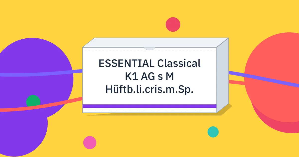 Symbolbild: Packung mit der Aufschrift ESSENTIAL Classical K1 AG s M Hüftb.li.cris.m.Sp. (PZN 17012125) – Verfügbarkeit und Bezug in Apotheken in Frankfurt am Main