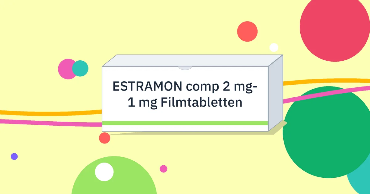 Symbolbild: Packung mit der Aufschrift ESTRAMON comp 2 mg-1 mg Filmtabletten (PZN 01888737) – Verfügbarkeit und Bezug in Apotheken in Frankfurt am Main