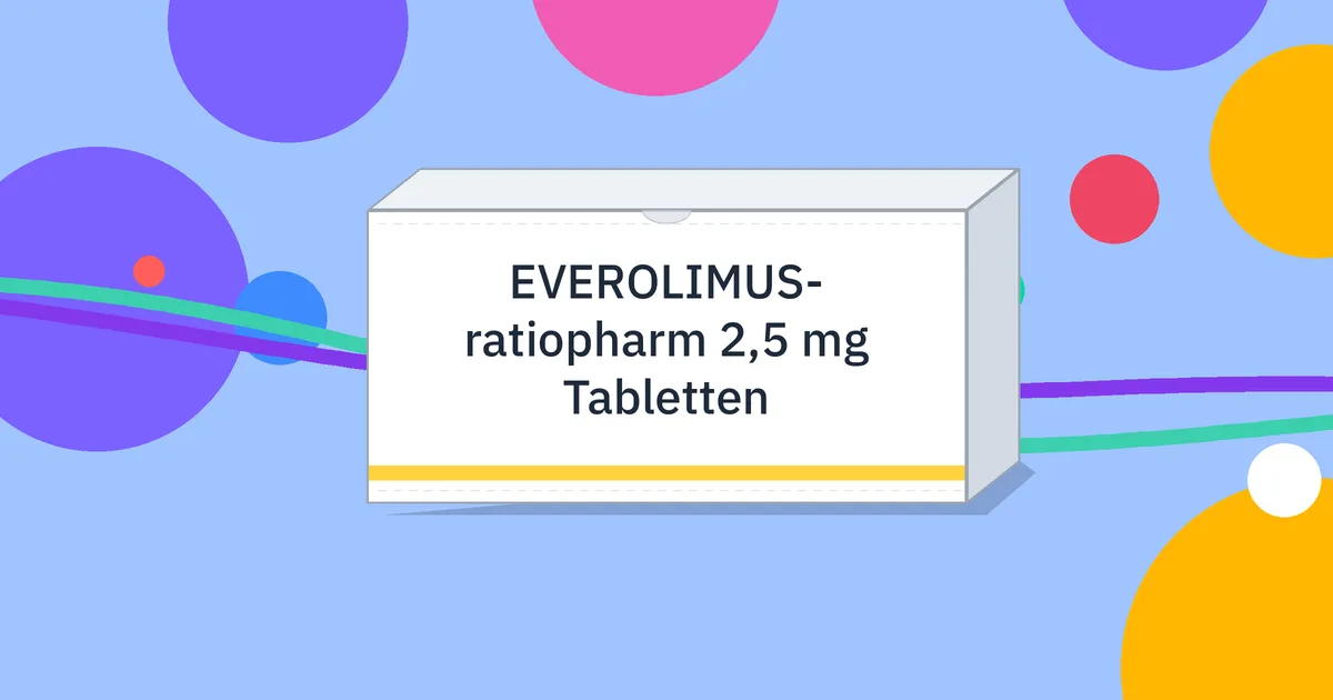 Symbolbild: Packung mit der Aufschrift EVEROLIMUS-ratiopharm 2,5 mg Tabletten (PZN 13350569) – Verfügbarkeit und Bezug in Apotheken in Frankfurt am Main