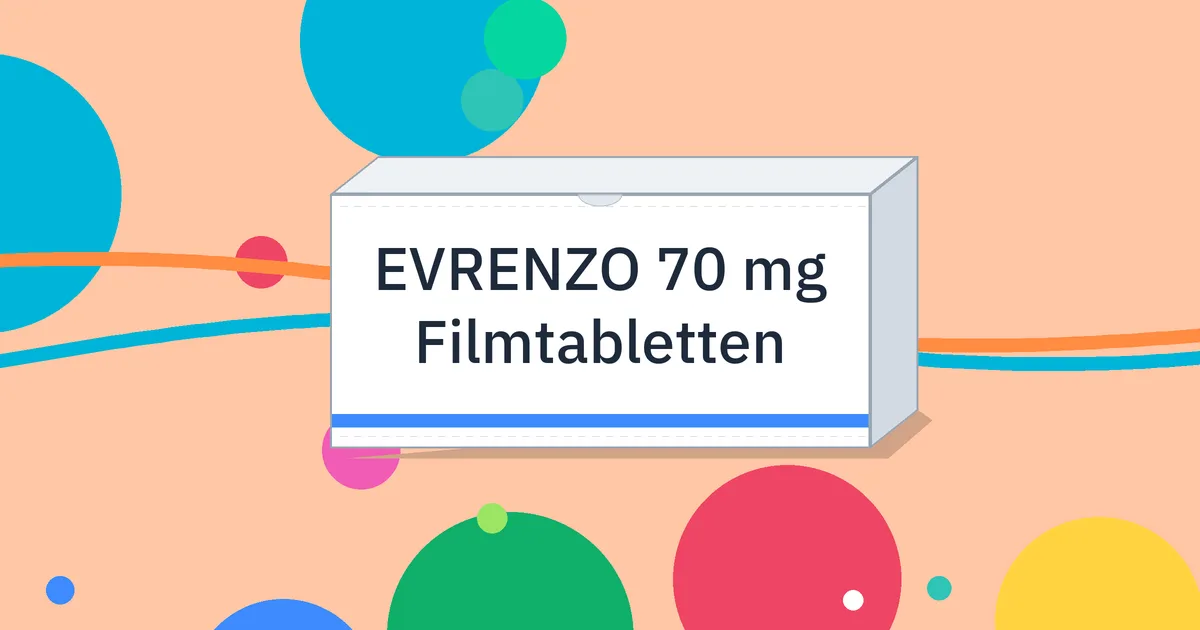 Symbolbild: Packung mit der Aufschrift EVRENZO 70 mg Filmtabletten (PZN 20370845) – Verfügbarkeit und Bezug in Apotheken in Frankfurt am Main