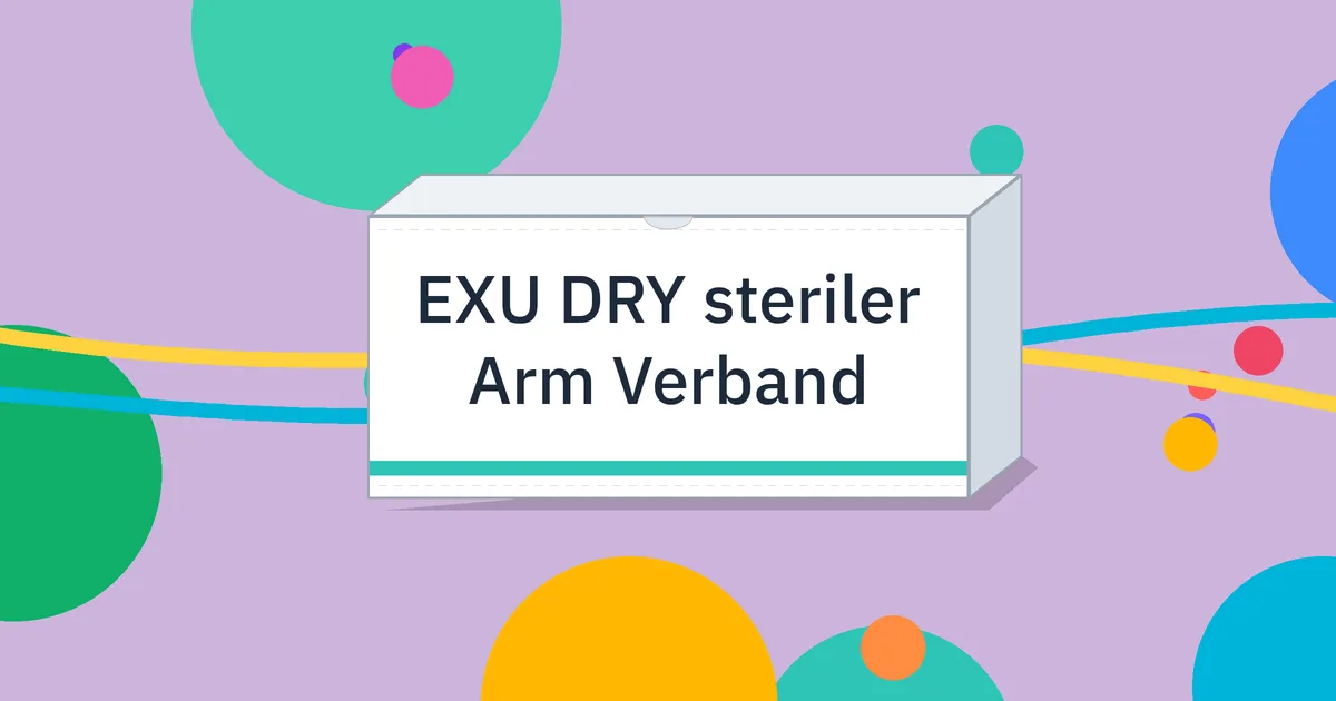 Symbolbild: Packung mit der Aufschrift EXU DRY steriler Arm Verband (PZN 01094055) – Verfügbarkeit und Bezug in Apotheken in Frankfurt am Main
