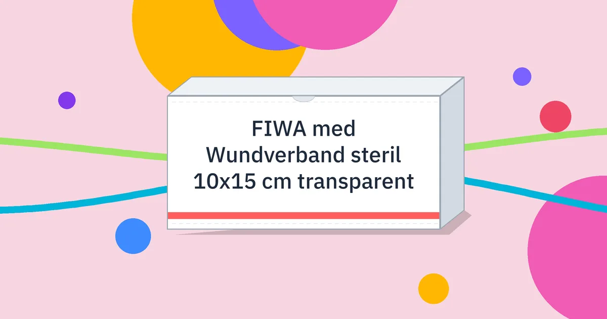Symbolbild: Packung mit der Aufschrift FIWA med Wundverband steril 10x15 cm transparent (PZN 19813390) – Verfügbarkeit und Bezug in Apotheken in Frankfurt am Main