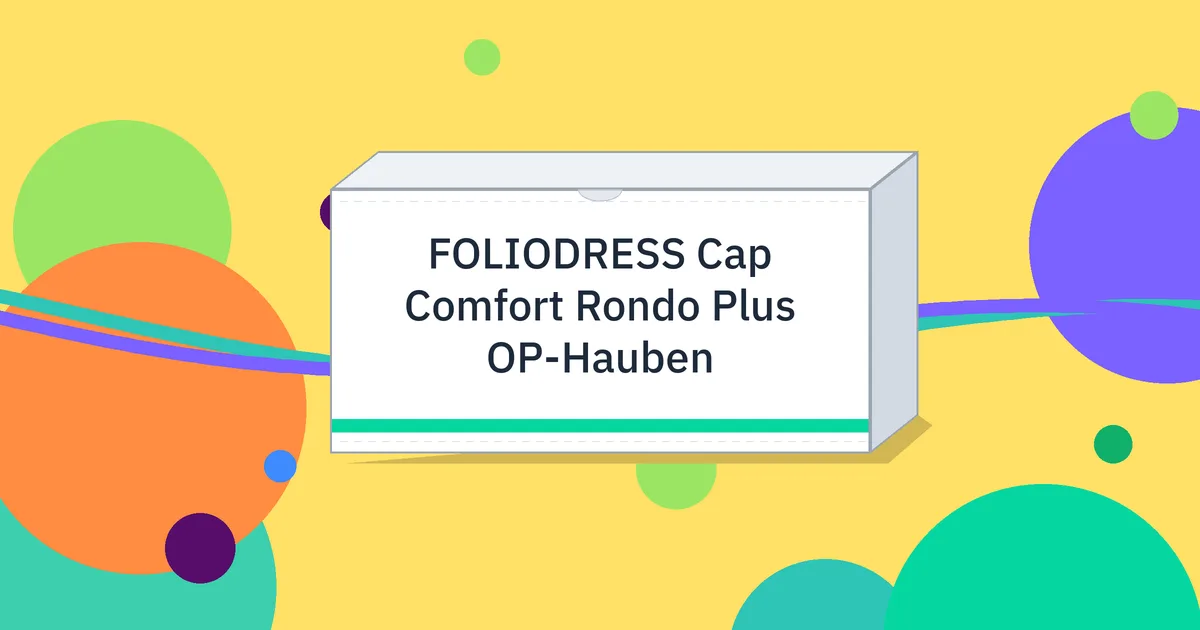 Symbolbild: Packung mit der Aufschrift FOLIODRESS Cap Comfort Rondo Plus OP-Hauben (PZN 00840651) – Verfügbarkeit und Bezug in Apotheken in Frankfurt am Main