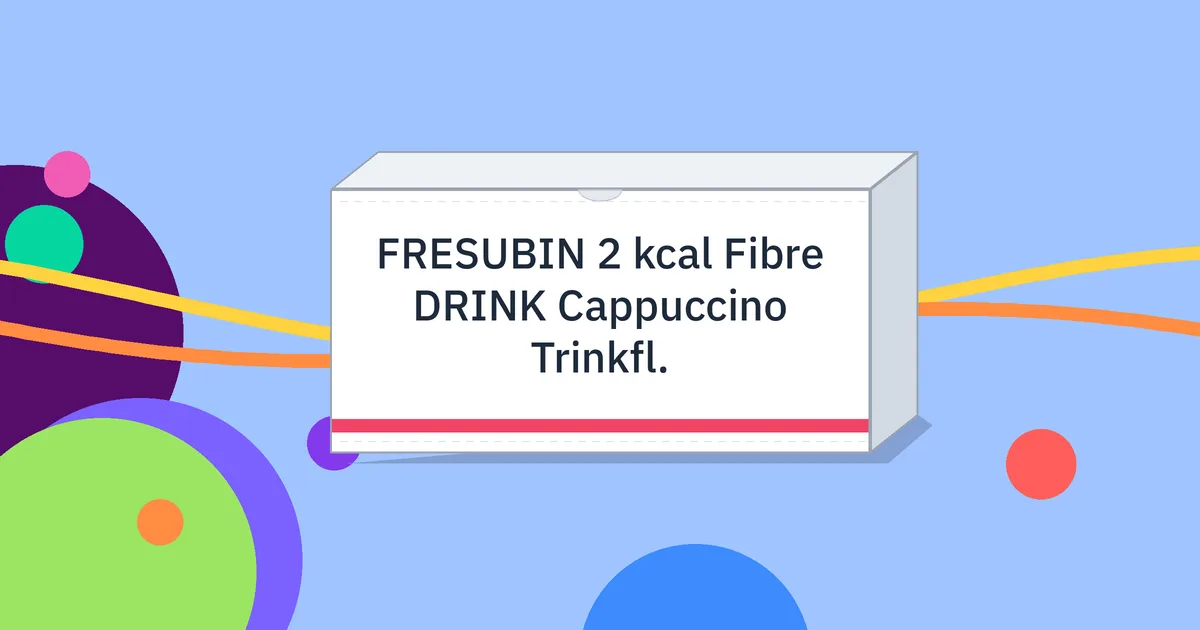Symbolbild: Packung mit der Aufschrift FRESUBIN 2 kcal Fibre DRINK Cappuccino Trinkfl. (PZN 19843250) – Verfügbarkeit und Bezug in Apotheken in Frankfurt am Main