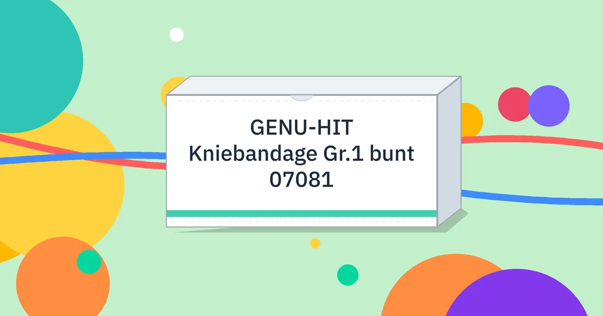Symbolbild: Packung mit der Aufschrift GENU-HIT Kniebandage Gr.1 bunt 07081 (PZN 08486321) – Verfügbarkeit und Bezug in Apotheken in Frankfurt am Main