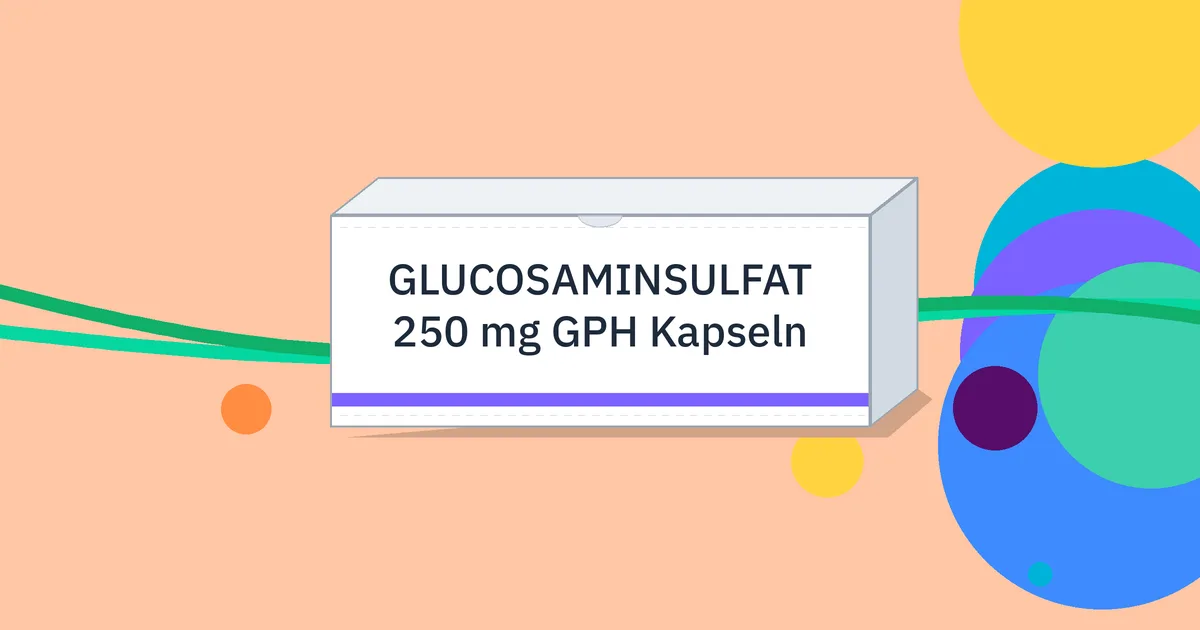 Symbolbild: Packung mit der Aufschrift GLUCOSAMINSULFAT 250 mg GPH Kapseln (PZN 01887583) – Verfügbarkeit und Bezug in Apotheken in Frankfurt am Main