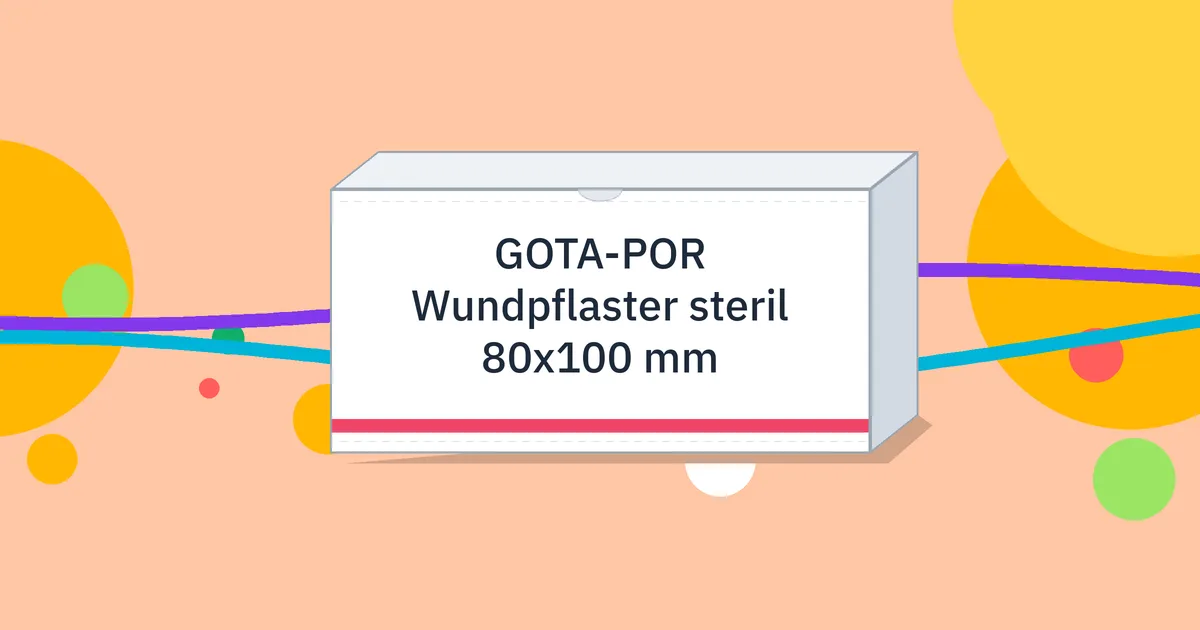 Symbolbild: Packung mit der Aufschrift GOTA-POR Wundpflaster steril 80x100 mm (PZN 04473600) – Verfügbarkeit und Bezug in Apotheken in Frankfurt am Main